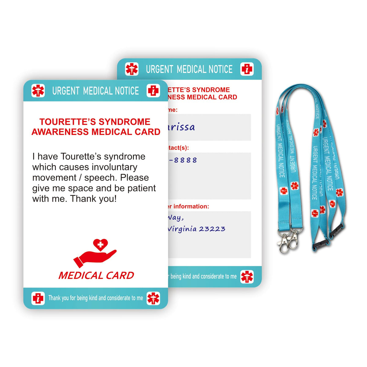 2set Tourette Syndrome Awareness Medical Card with Writable Panel and