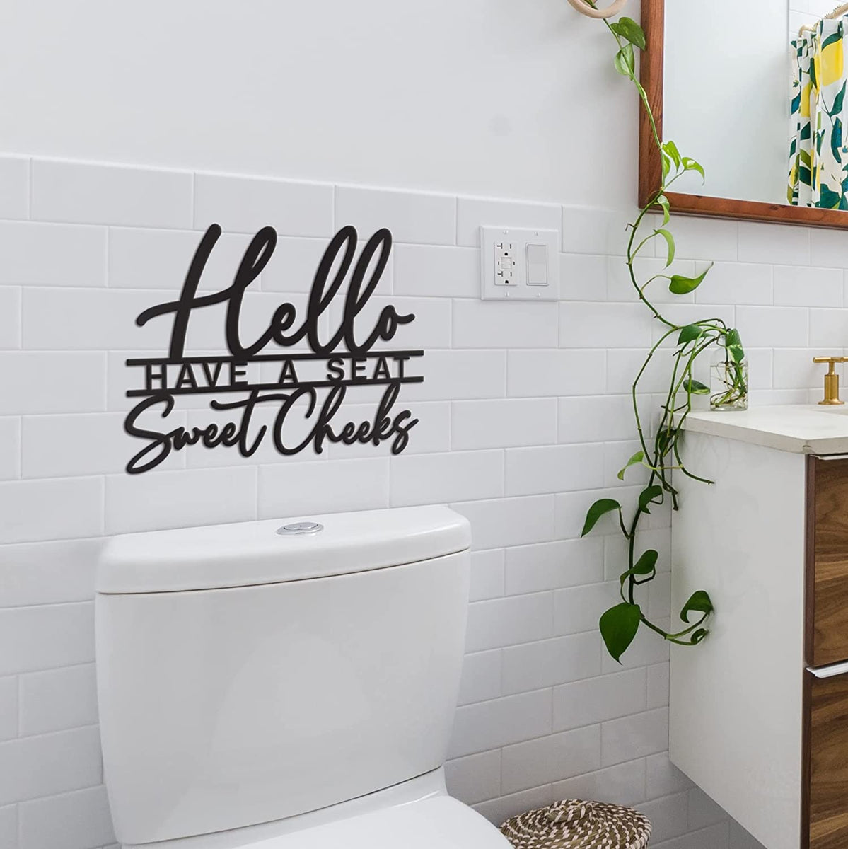 Hello Sweet Cheeks Sign Metal Black Bathroom Wall Decor - 15"x11" Blac